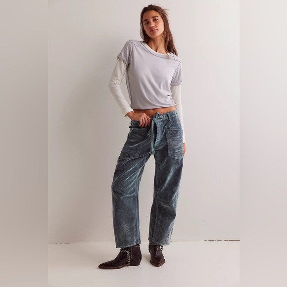 Free People | Jeans | Nwt Fp We The Free Moxie Flocked Pull On Barrel Jeans Sz 26 | Poshmark